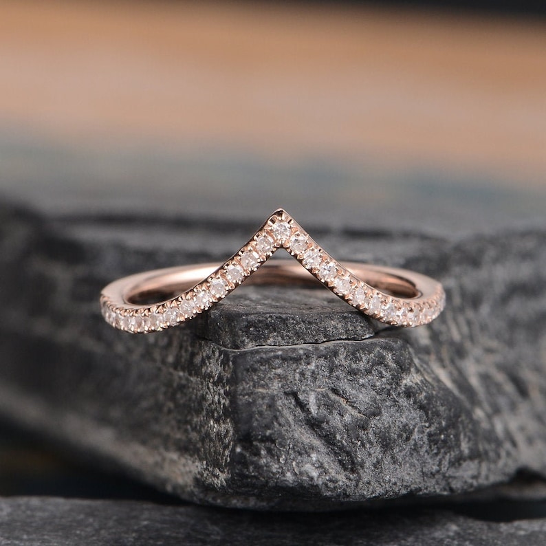 Rose Gold Diamond Wedding Band Women Curved Wedding Band V Shaped ...