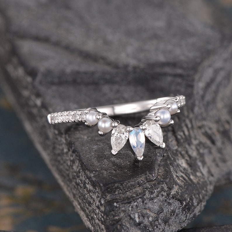 Custom Curved Matching Band Pear Shaped Moonstone Wedding Band Antique ...