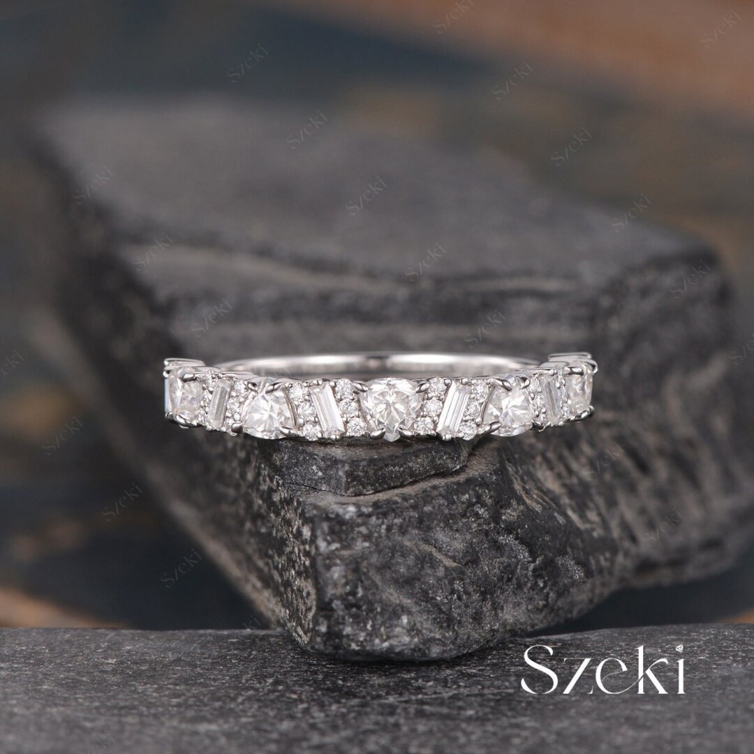 Trillion Cut Moissanite Wedding Band Ring White Gold Cluster Ring for ...