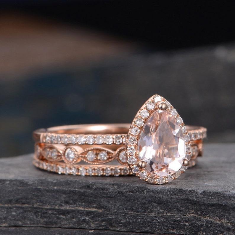 Pear Shaped Morganite Engagement Ring Bridal Set Rose Gold Etsy