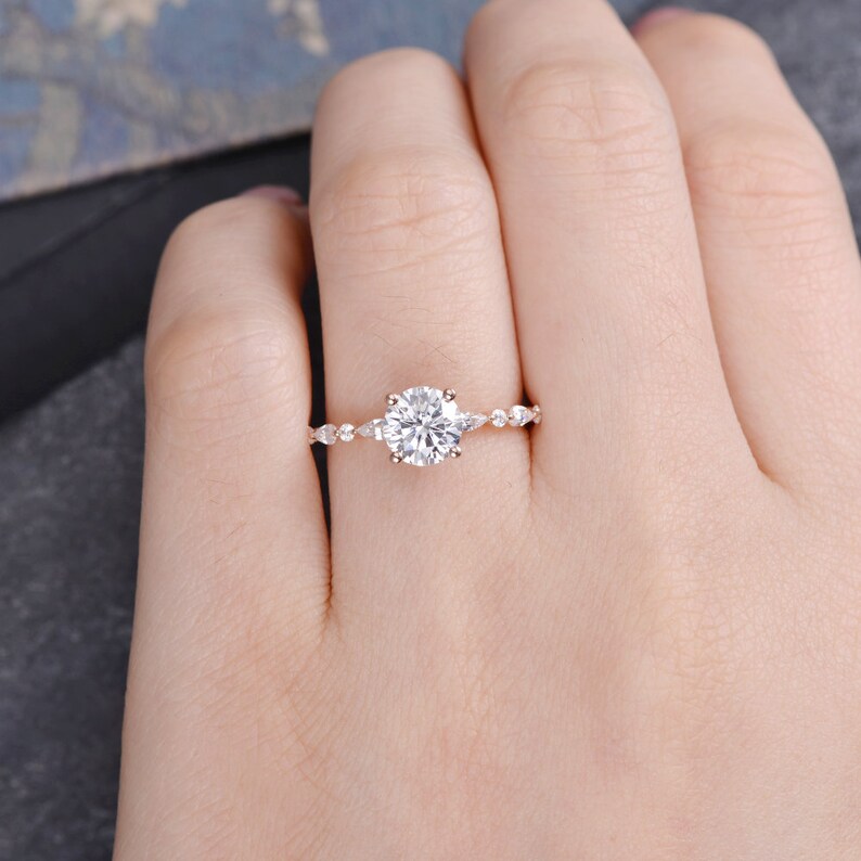 Unique Moissanite Engagement Ring Rose Gold 6 5mm 1ct Round Etsy