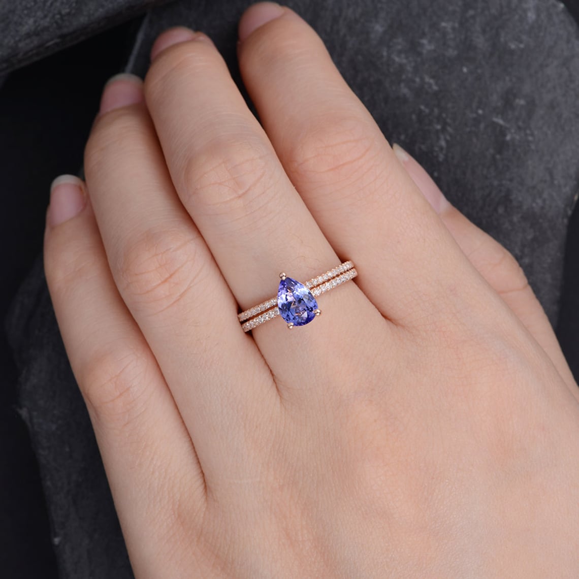 Pear Shaped Tanzanite Engagement Ring Rose Gold Bridal Set | Etsy