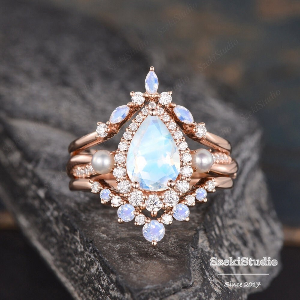 Art Deco Pear Shaped Moonstone Bridal Set 3pcs Vintage Cluster - Etsy