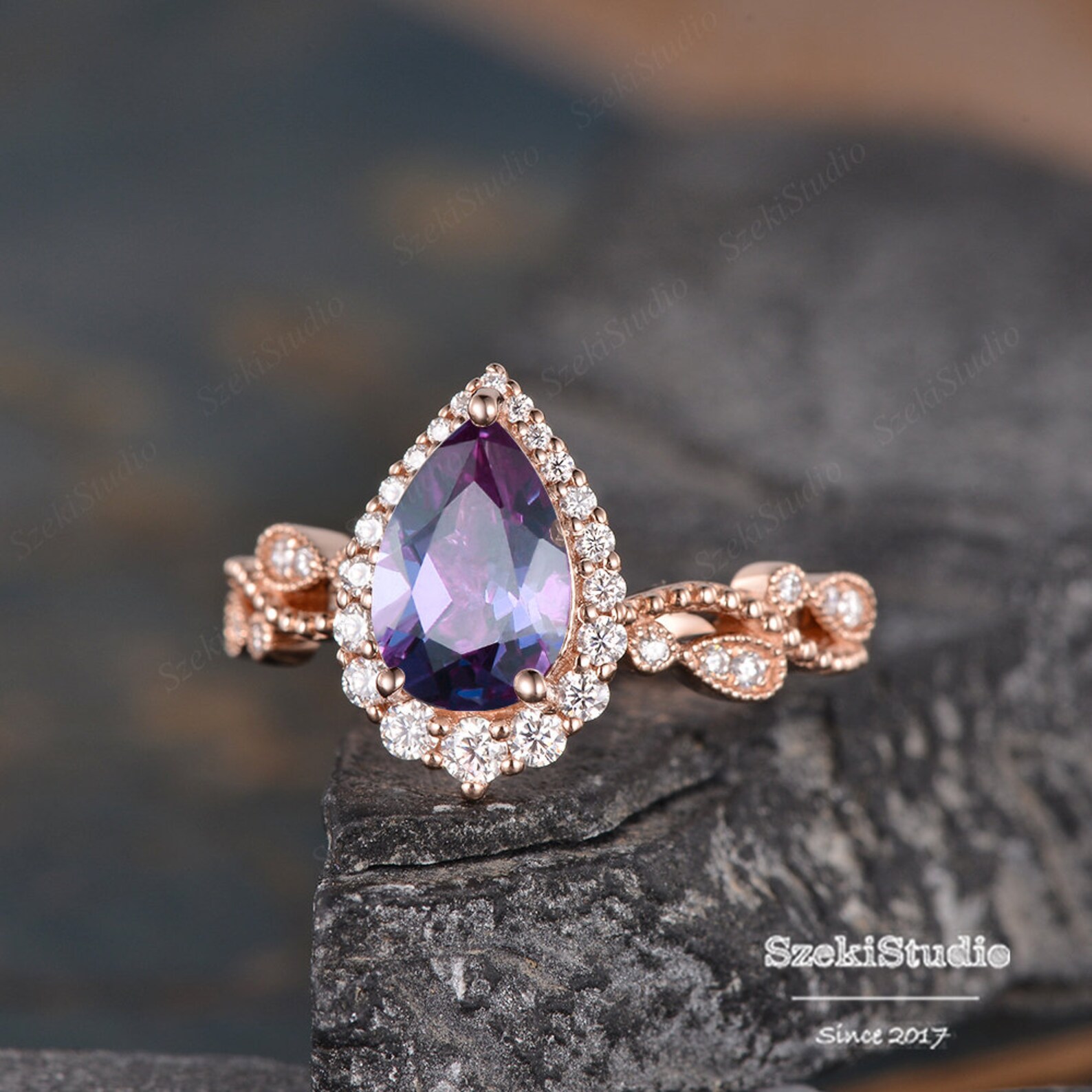 1.6CT Vine Alexandrite Engagement Ring Rose Gold Women Art Deco Pear ...