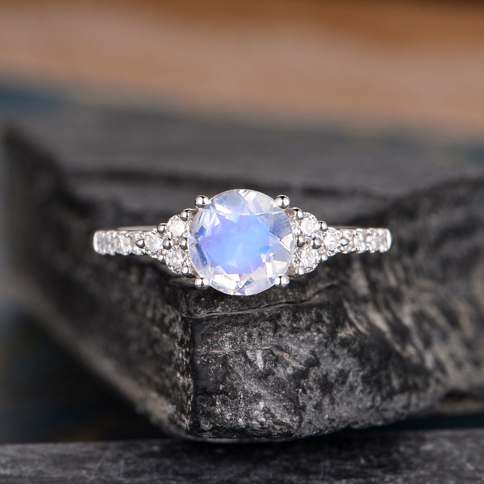 White Gold Moonstone Engagement Ring Cluster Moissanite Half | Etsy