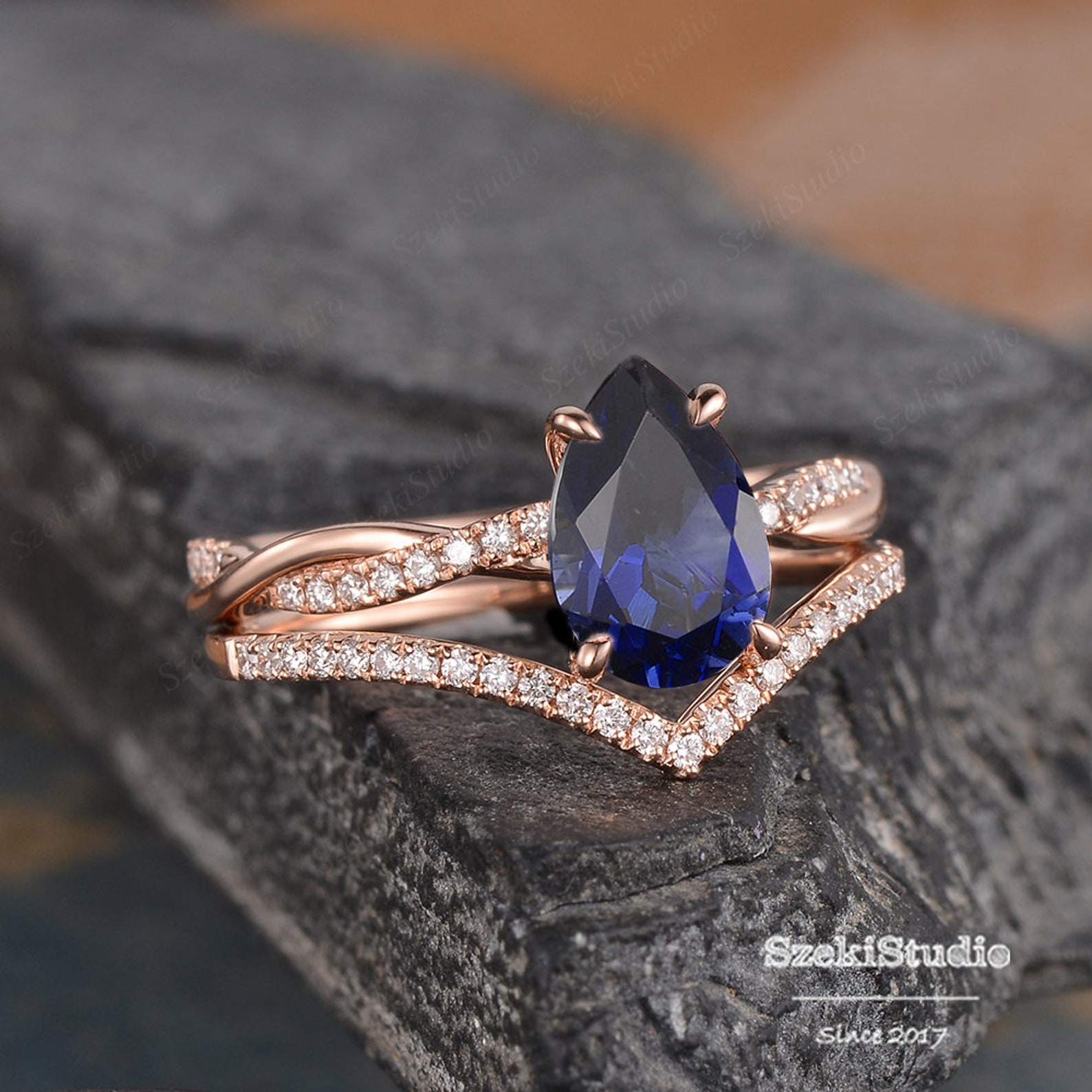 Infinity Sapphire Engagement Ring Set Rose Gold Bridal Set - Etsy