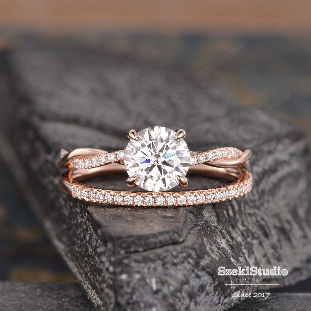 Infinity Moissanite Engagement Ring Set Rose Gold Bridal Set Twist ...
