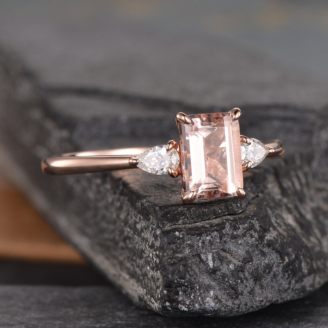 Emerald Cut Morganite Engagement Ring Rose Gold Pear Shaped | Etsy