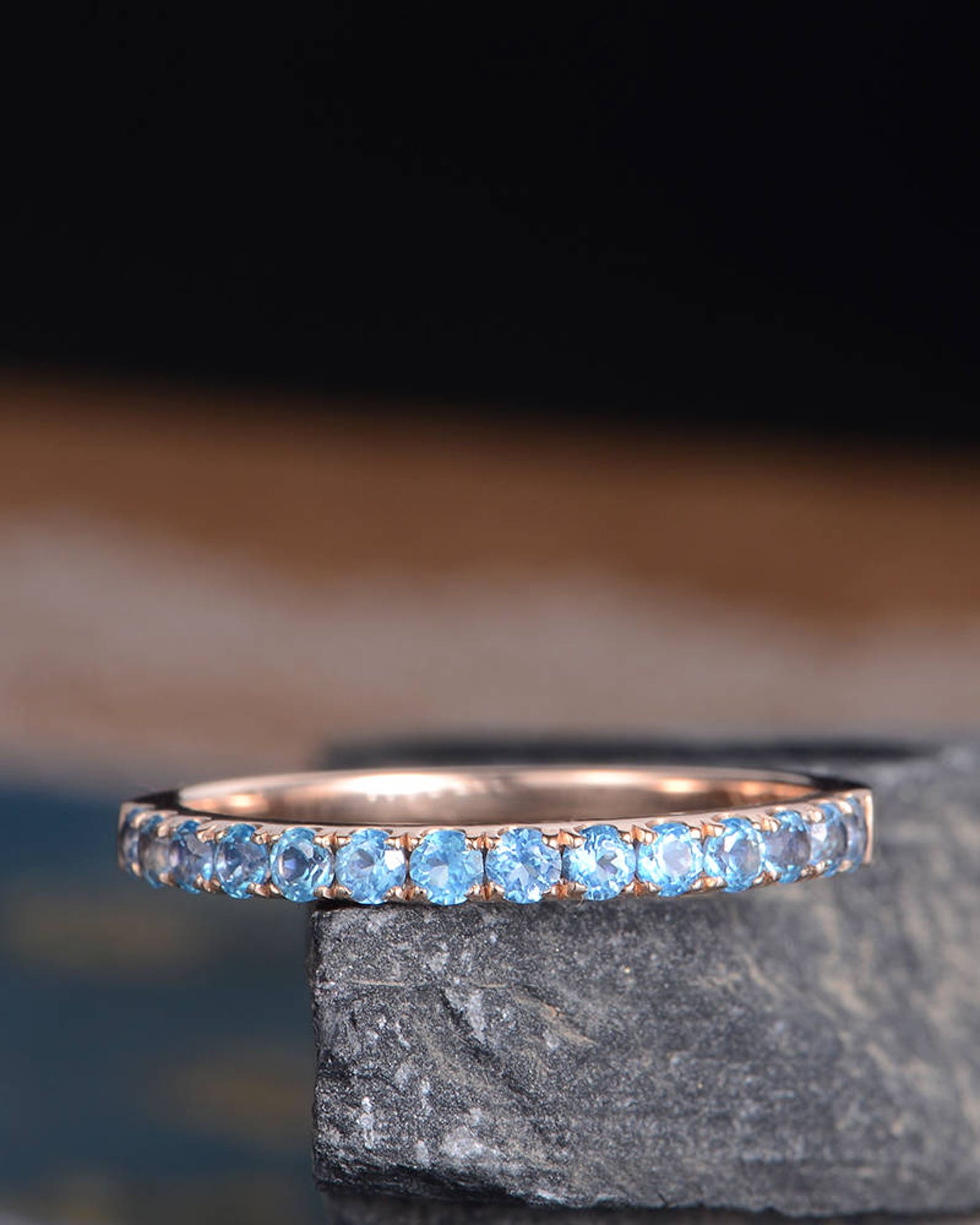 Blue Topaz Ring Wedding Band Women Rose Gold Half Eternity - Etsy
