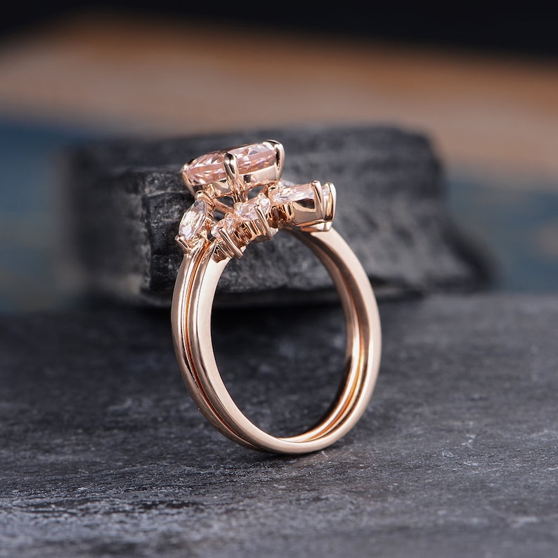 Round Cut Morganite Engagement Ring Bridal Set Rose Gold Pear Shaped ...
