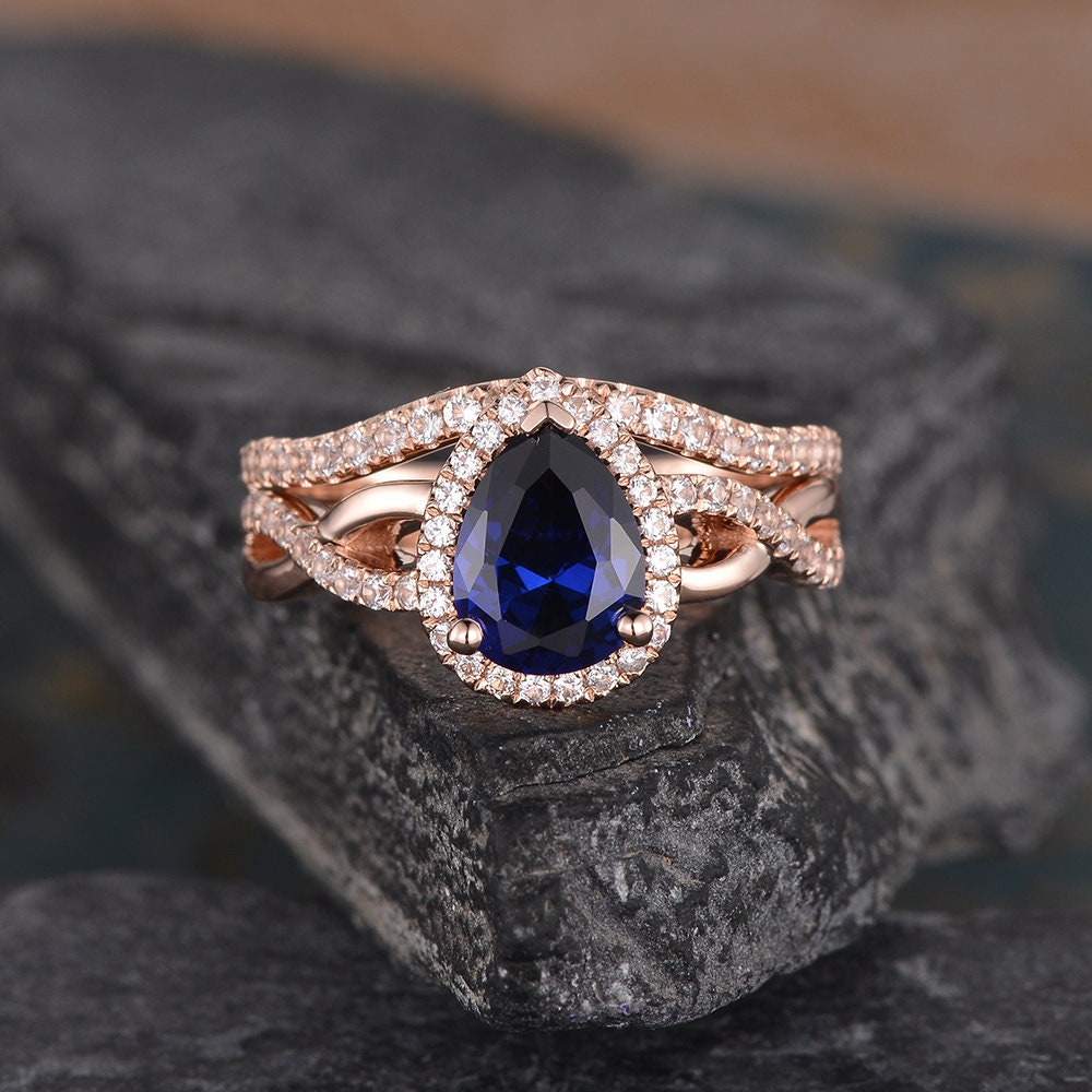Pear Shaped Sapphire Engagement Ring Set Infinity Lab Sapphire - Etsy