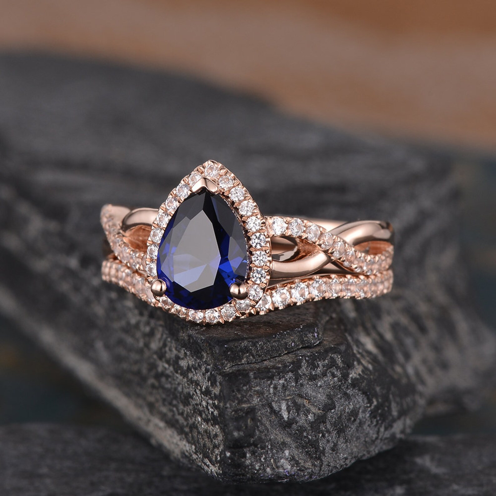 Pear Shaped Sapphire Engagement Ring Set Infinity Lab Sapphire | Etsy