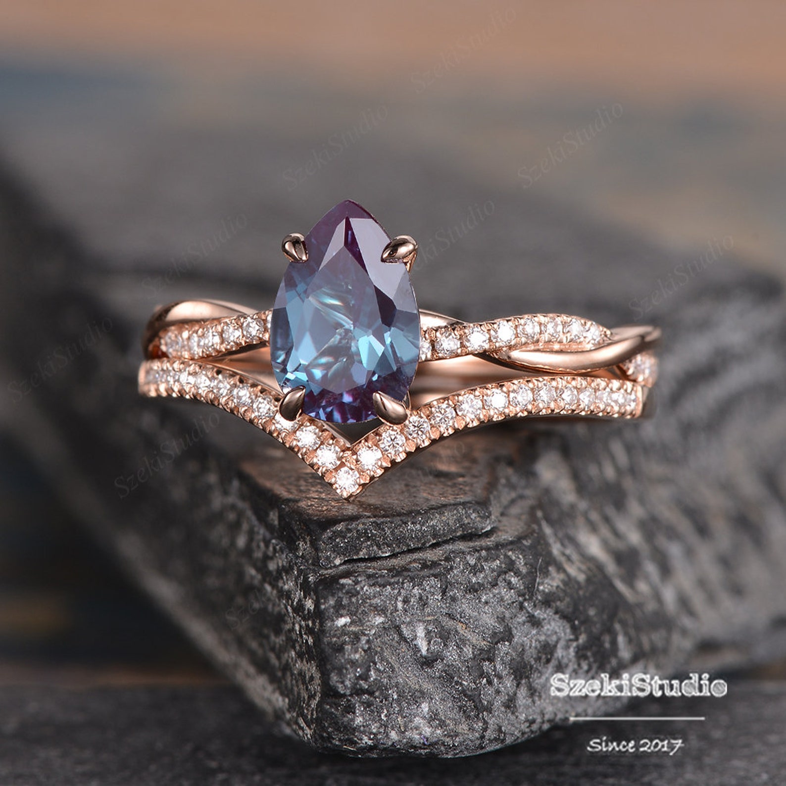 Infinity Alexandrite Engagement Ring Rose Gold Bridal Set Twist ...