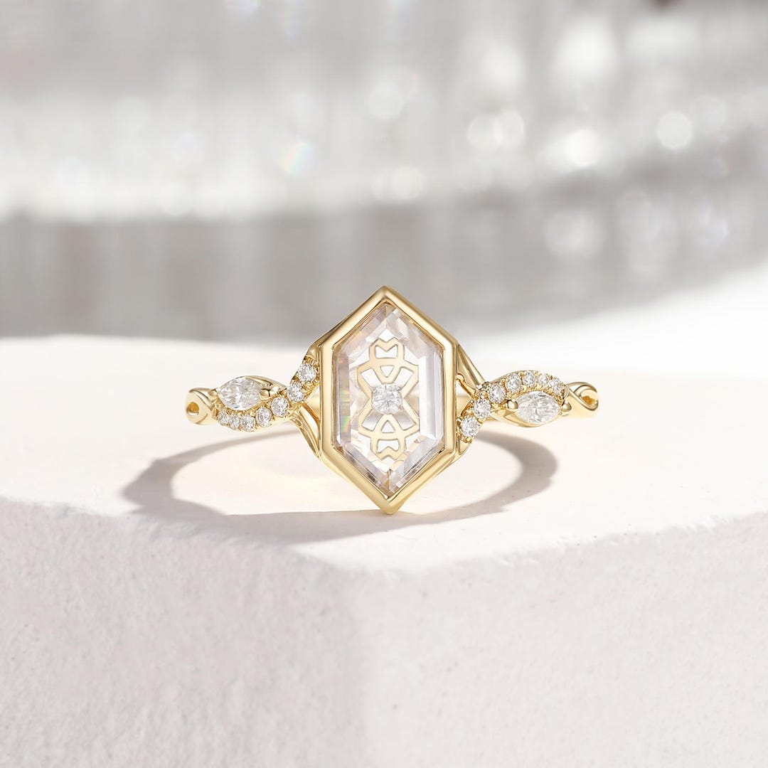 Unique Portrait Cut Hexagon Moissanite Engagement Ring Yellow Gold ...