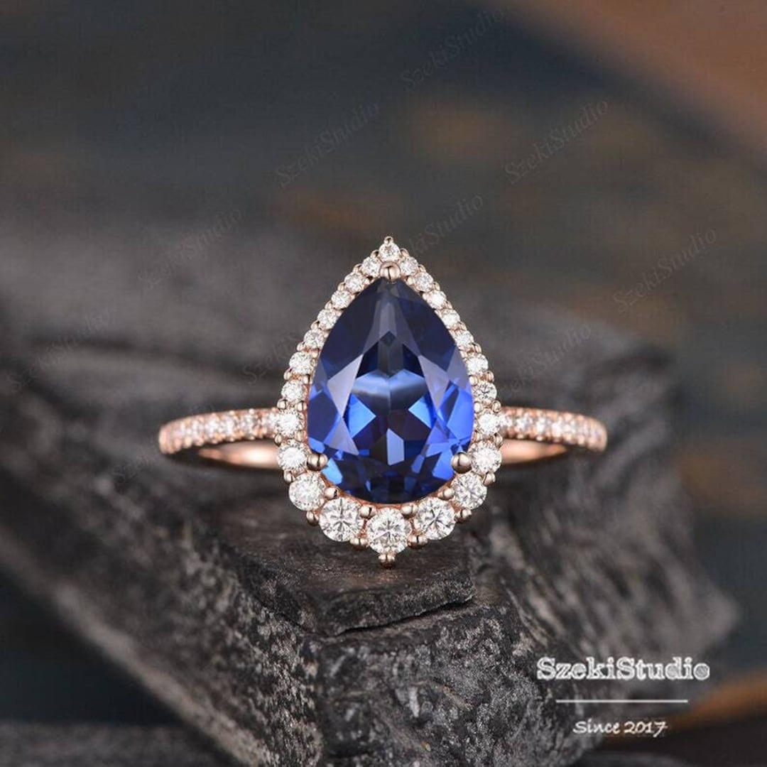 Pear Shaped Lab Sapphire Engagement Ring Cluster Halo Vintage Wedding ...