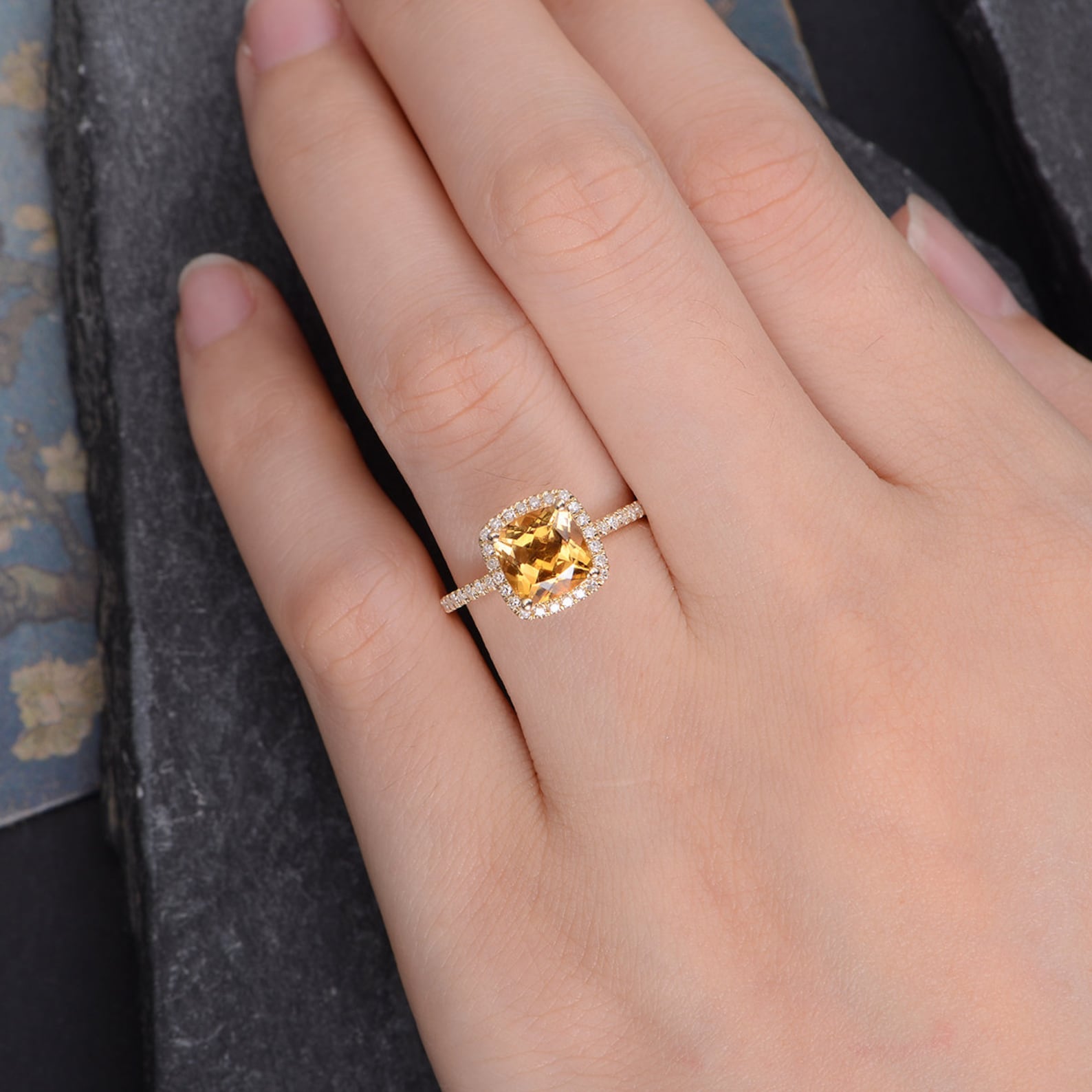 Citrine Engagement Ring Yellow Gold Cushion Cut Women Diamond ...