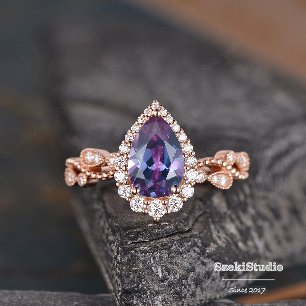 1.6CT Vine Alexandrite Engagement Ring Rose Gold Women Art Deco Pear ...
