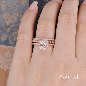 Pear Shaped Morganite Engagement Ring Bridal Set Rose Gold Stacking ...