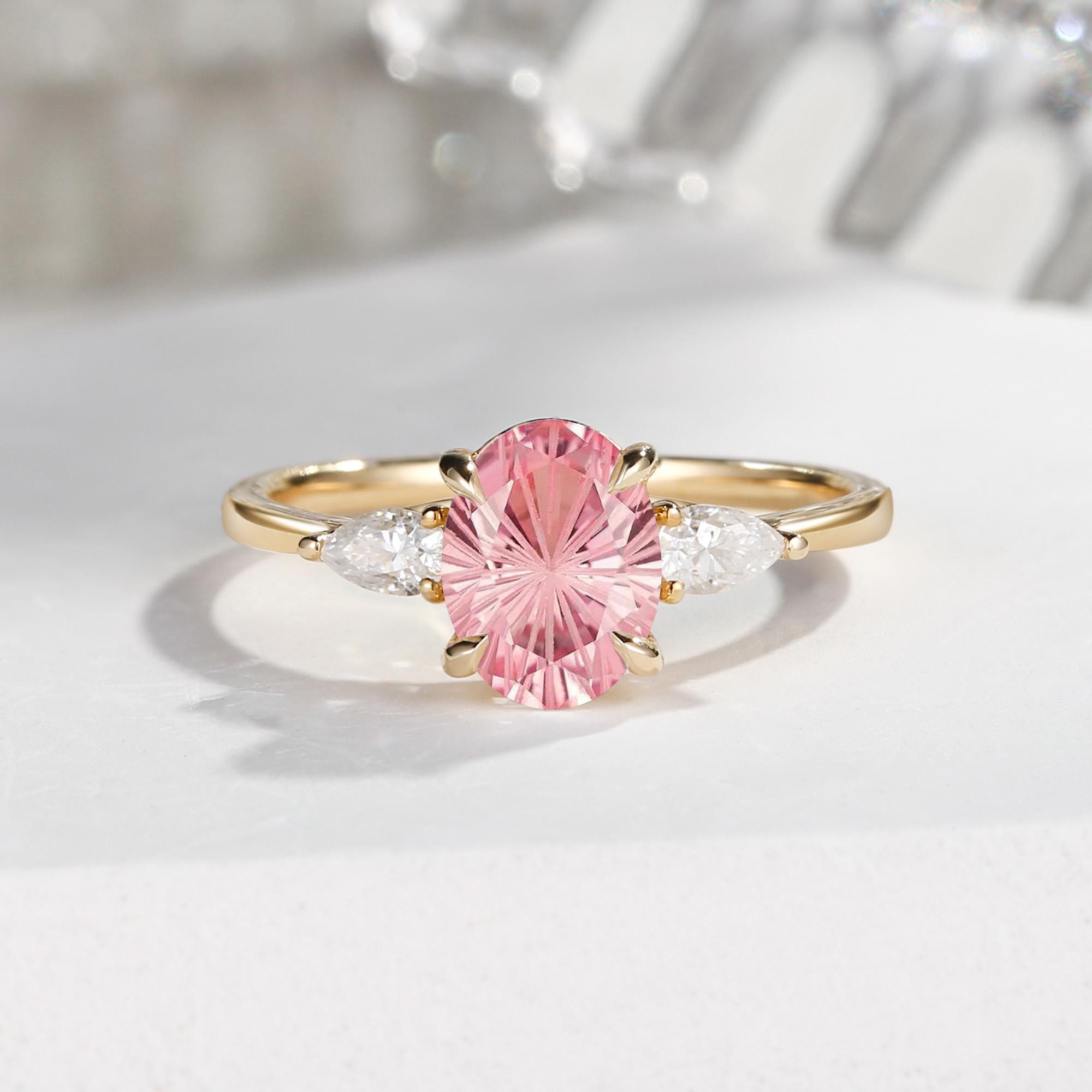 Unique Firework Cut Sapphire Floral Engagement Ring Solid Gold Oval Cut ...