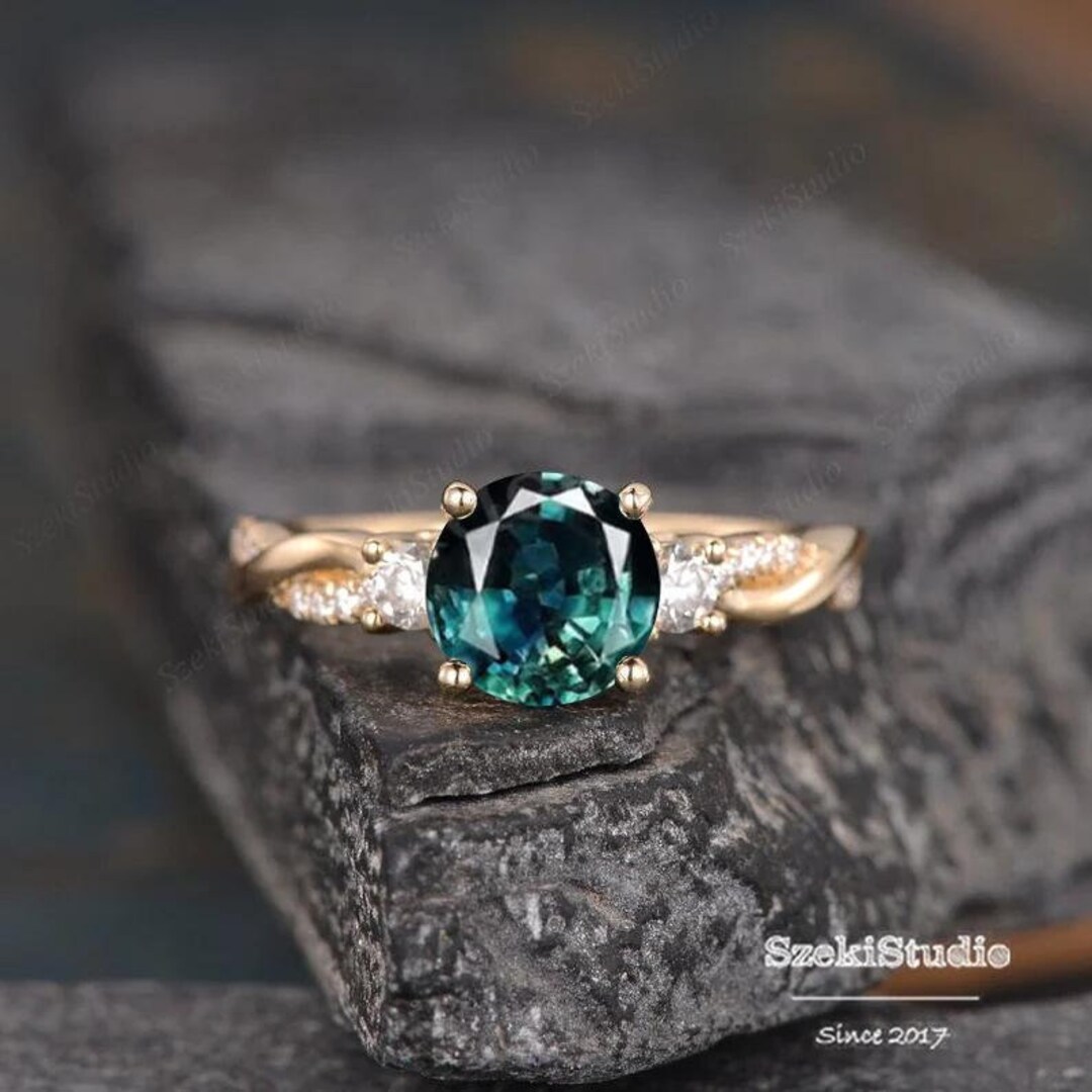 1CT Round Teal Sapphire Engagement Ring Rose Gold Natural Green Sapphire Wedding Ring Antique ...