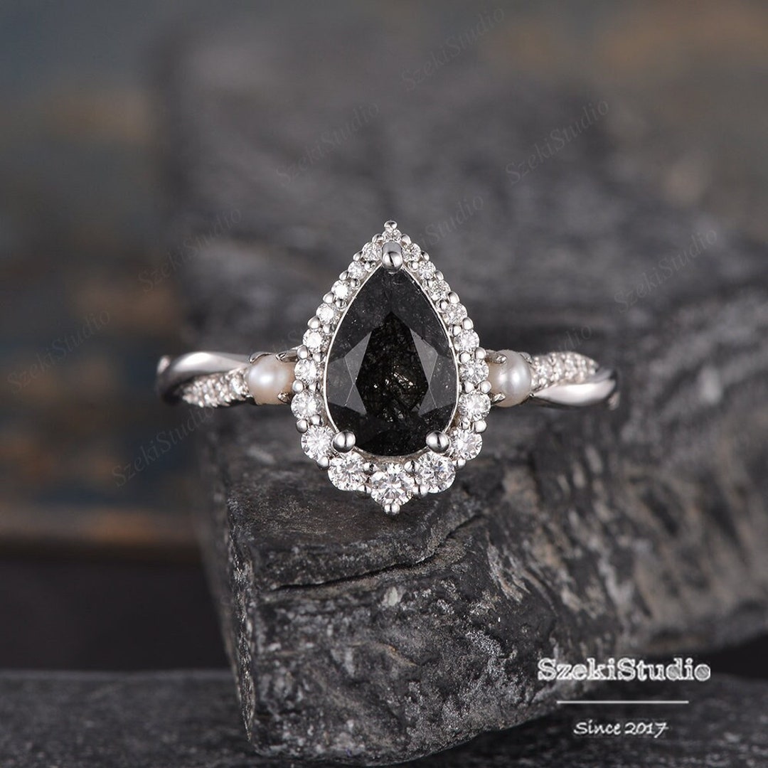 Pear Shaped Black Quartz Engagement Ring Rose Gold Women Rutilated ...