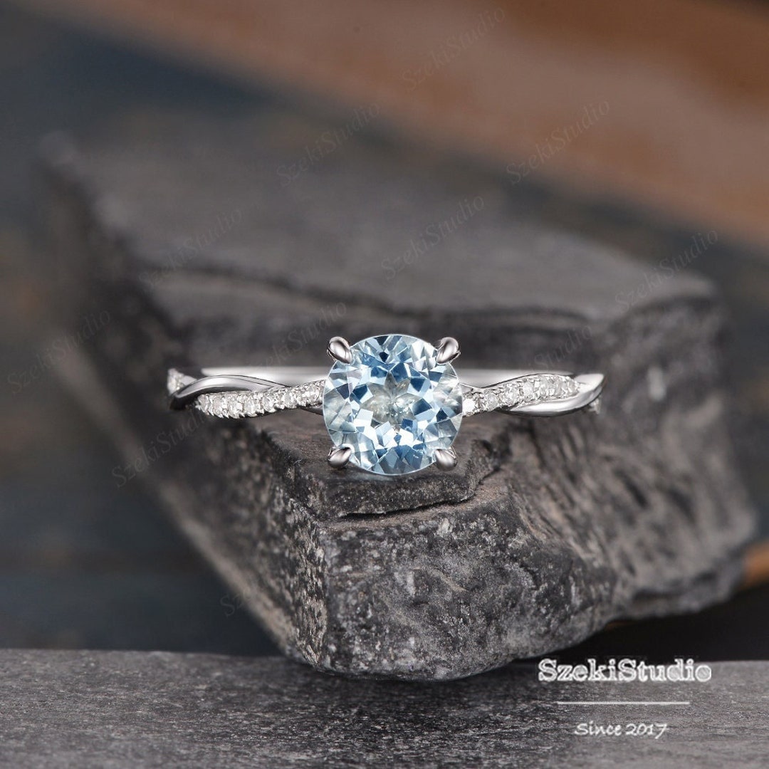 Infinity Aquamarine Engagement Ring Rose Gold Round Cut Solitaire Ring ...