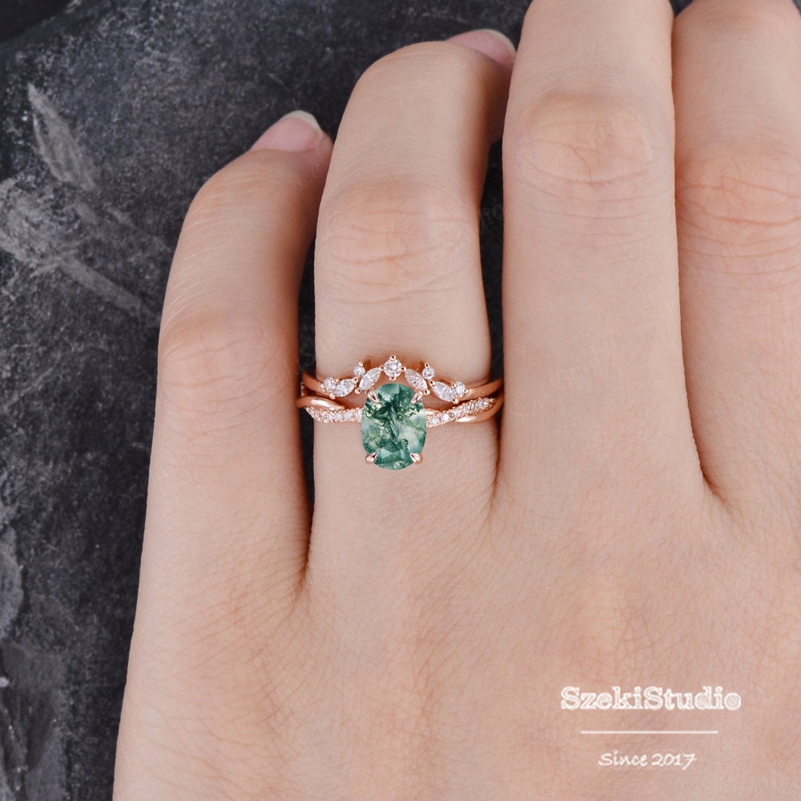 Infinity Oval Moss Agate Engagement Ring Gold Ring Unique Promise ...