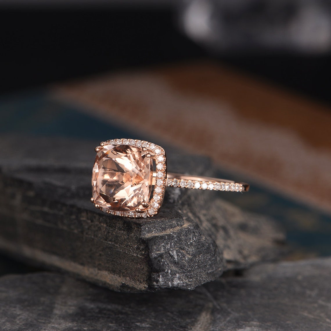 Morganite Engagement Ring Rose Gold Diamond Cushion Cut Halo Half ...