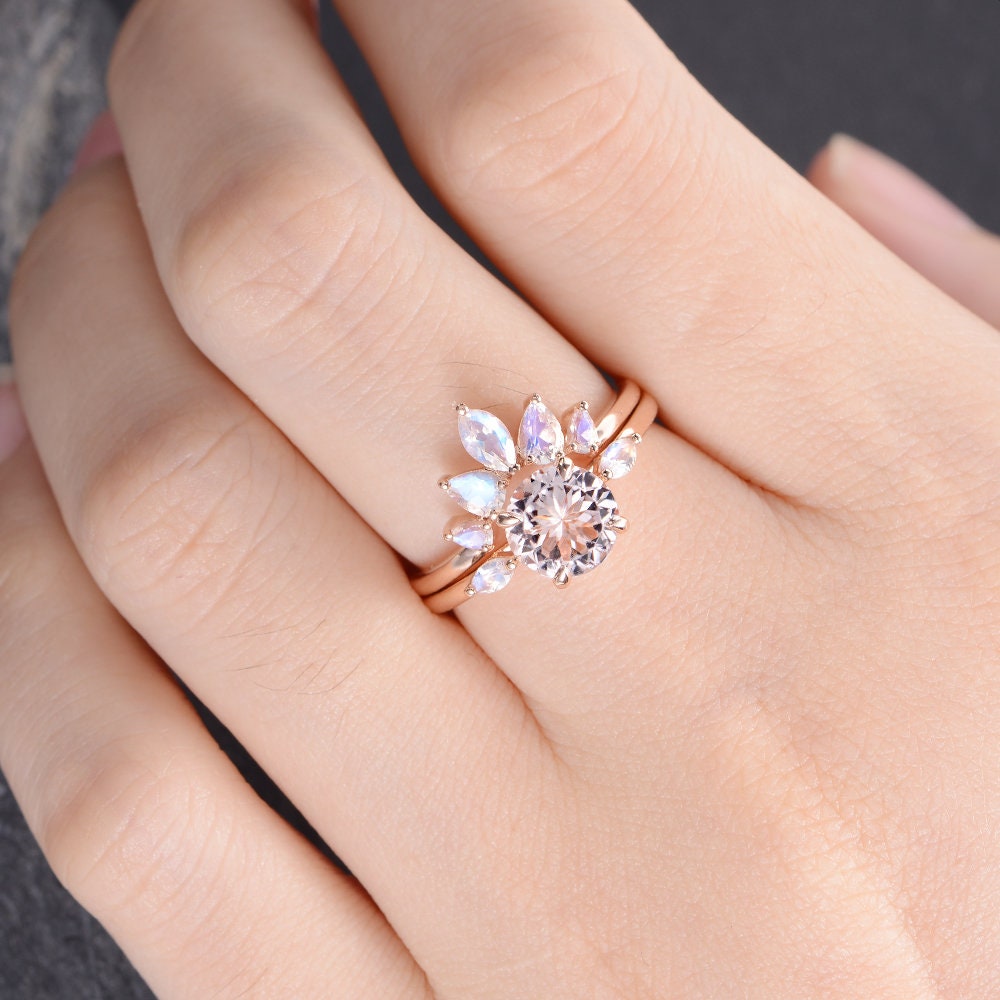 Round Cut Morganite Engagement Ring Bridal Set Rose Gold Pear | Etsy