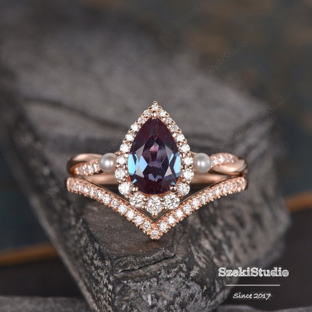 Pear Shaped Alexandrite Engagement Ring Set Rose Gold Lab Alexandrite ...