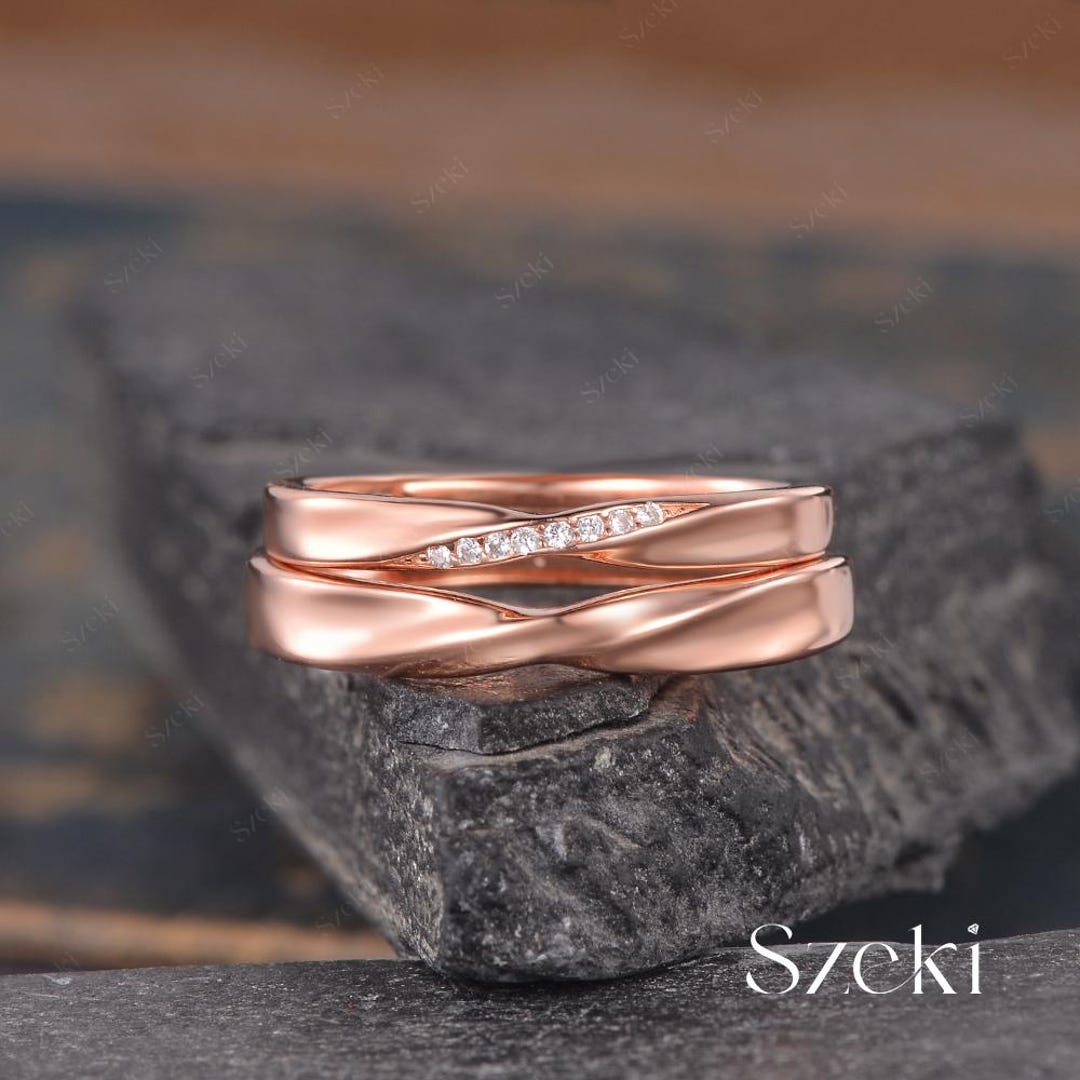 Delicate Diamond Couple Rings Set Rose Gold Twist Engagement Ring for ...