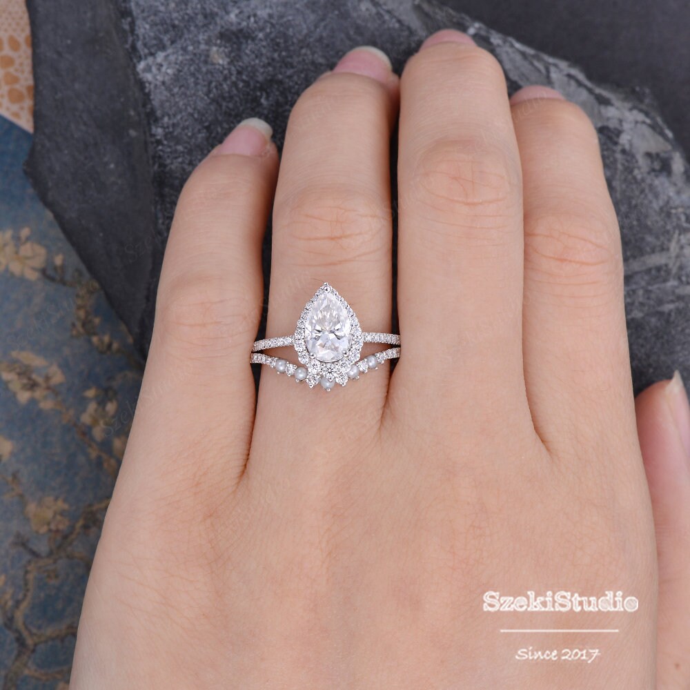 Cluster Moissanite Engagement Ring Set White Gold Pear Shaped - Etsy