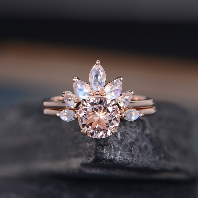 Round Cut Morganite Engagement Ring Bridal Set Rose Gold Pear Shaped ...