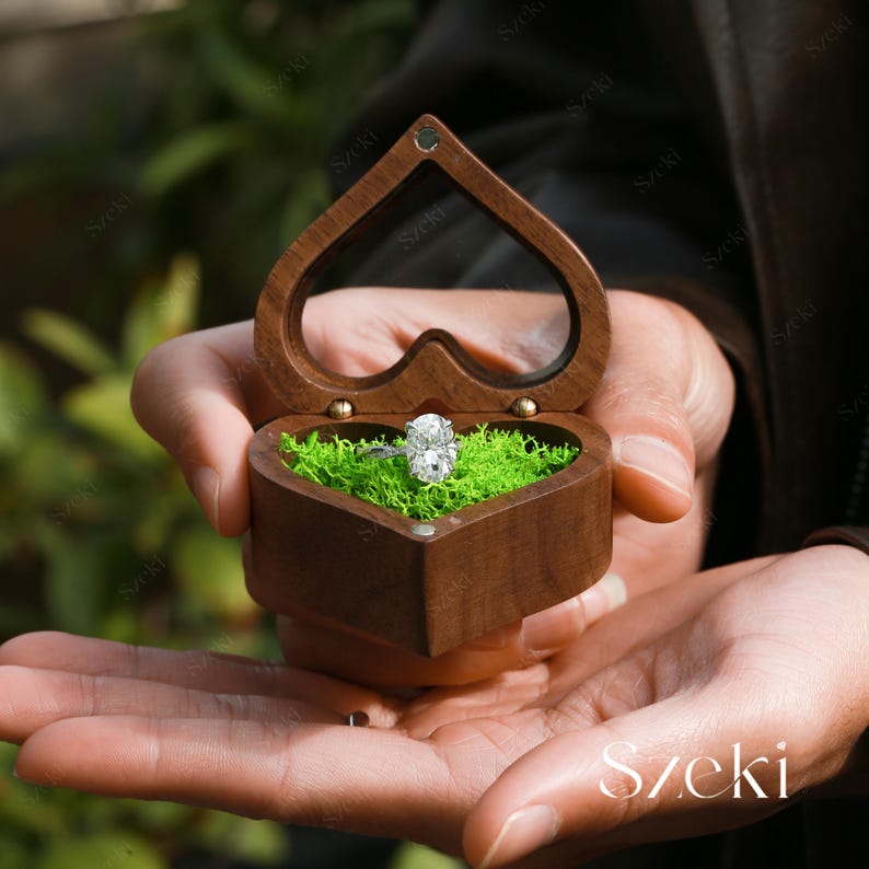 Custom Wooden Ring Box Natural Moss Engagement Ring Box Heart Proposal ...