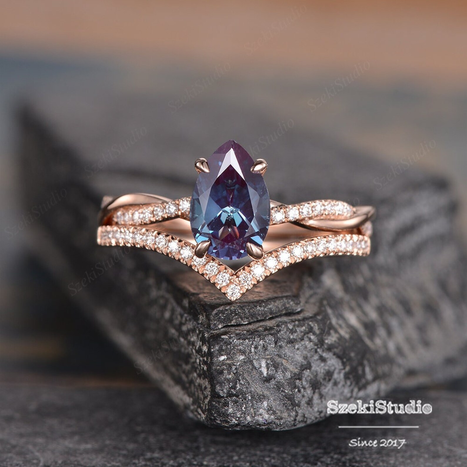 Infinity Alexandrite Engagement Ring Rose Gold Bridal Set Twist ...