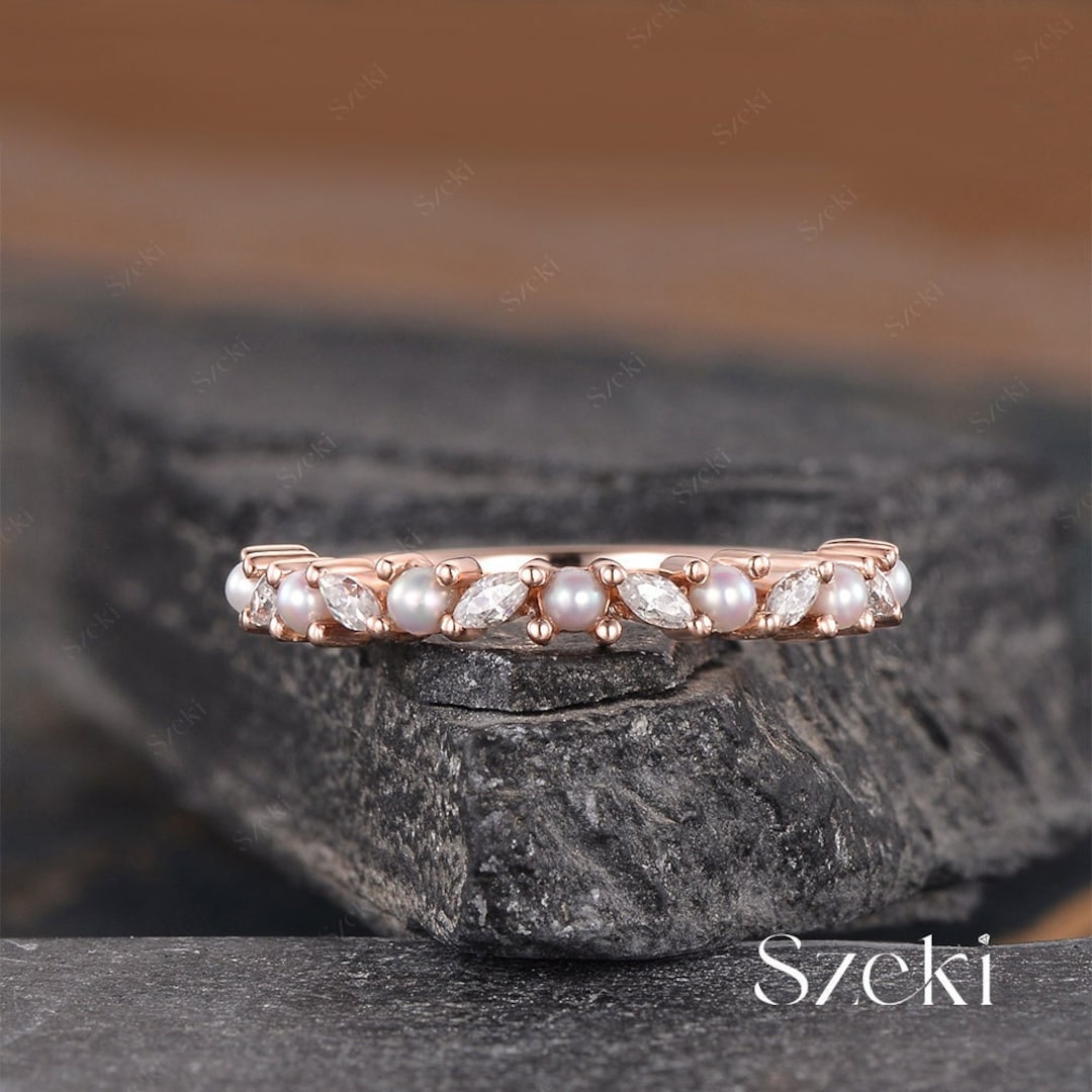 Pearl Wedding Band Women Marquise Moissanite Rose Gold Pearl Matching ...