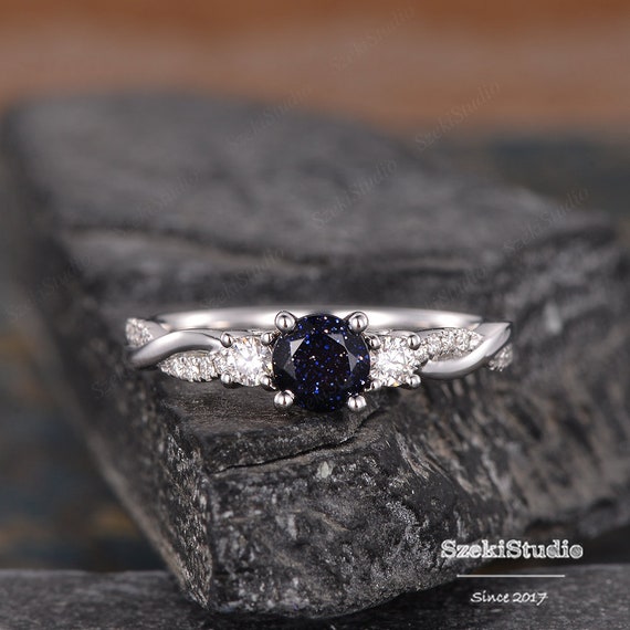 Oval Blue Sandstone Engagement Ring Set Unique Curved