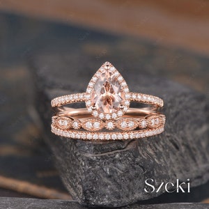 Pear Shaped Morganite Engagement Ring Bridal Set Rose Gold Stacking ...