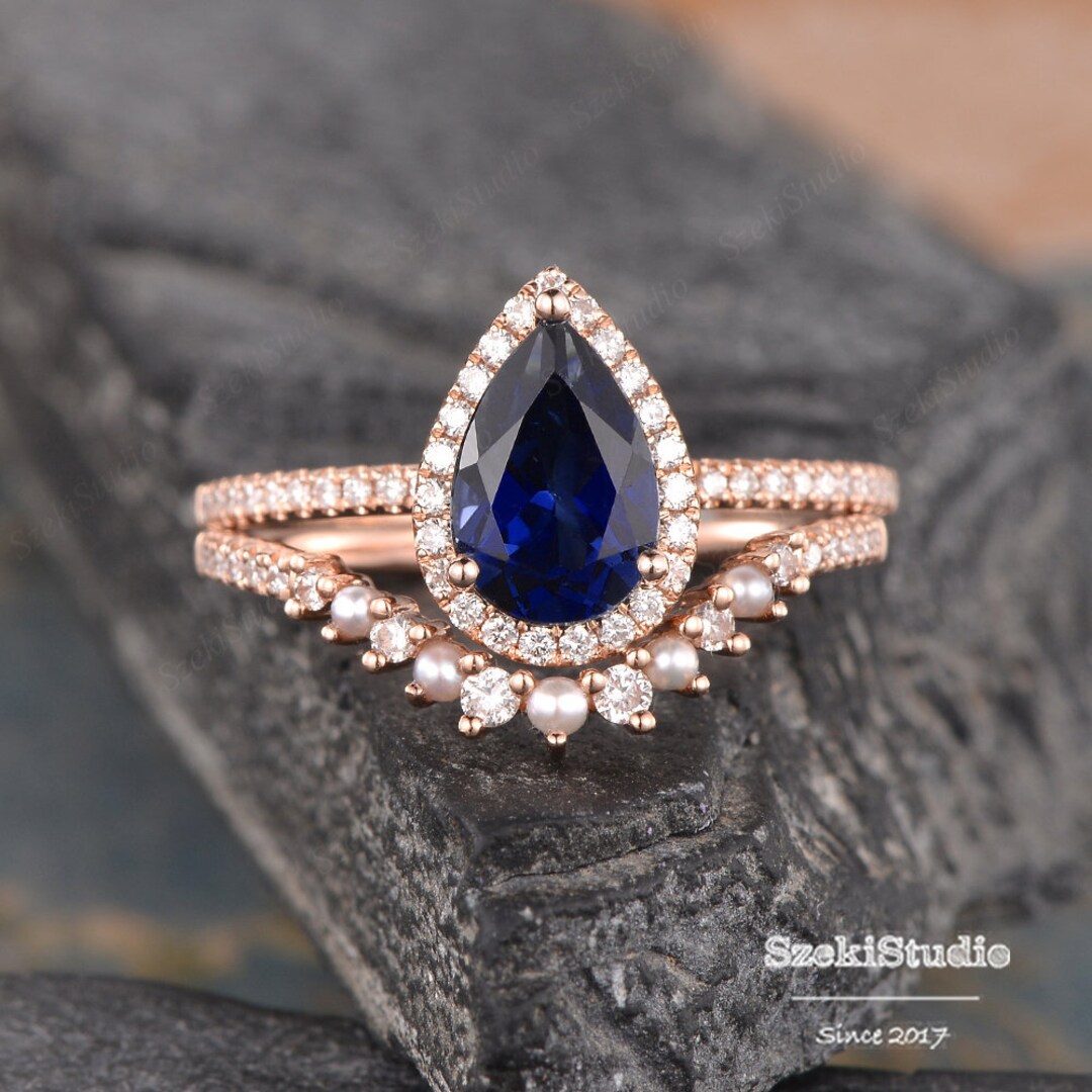 Anillo de compromiso de zafiro perla Set Oro rosa Conjunto nupcial Boda ...