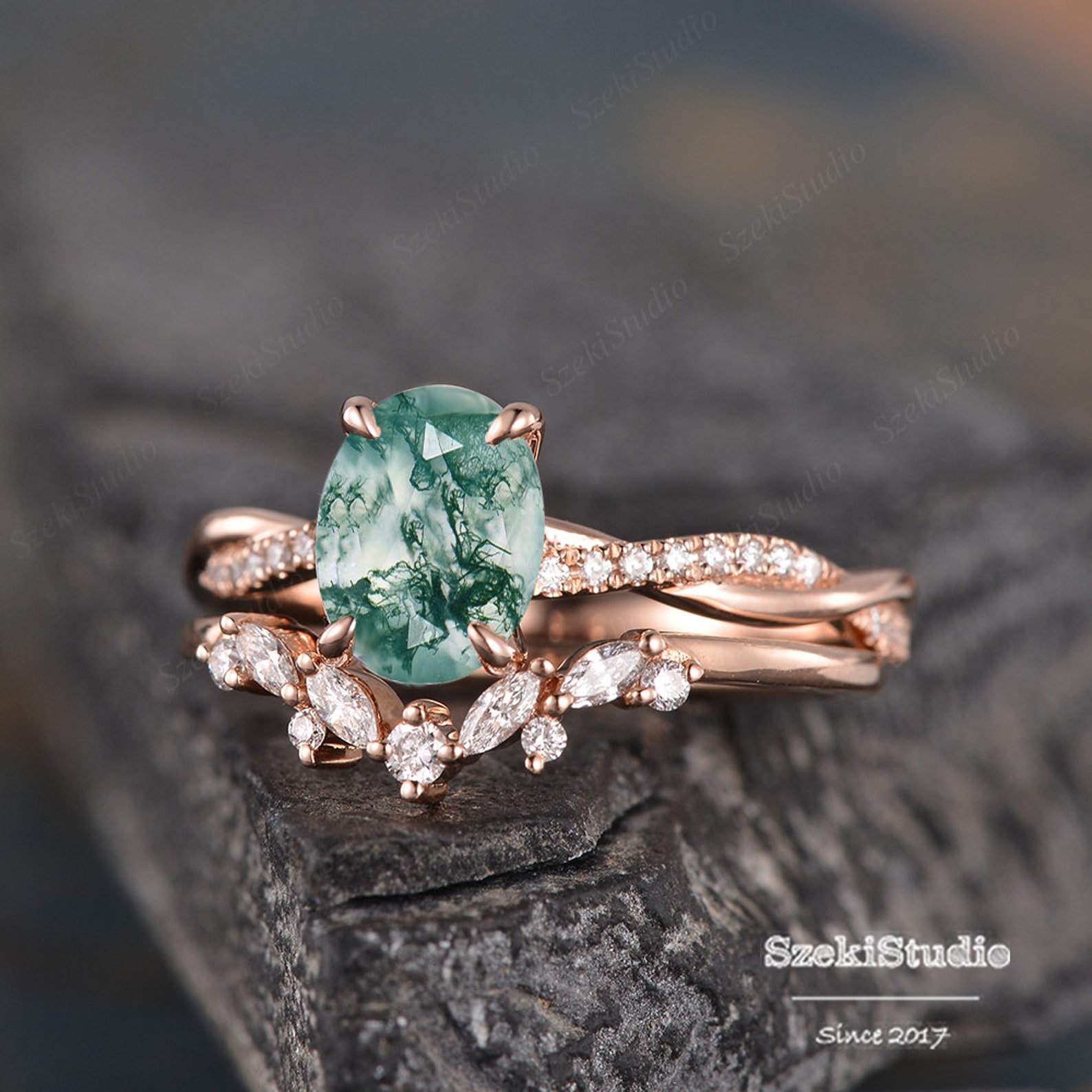 Infinity Oval Moss Agate Engagement Ring Gold Ring Unique - Etsy