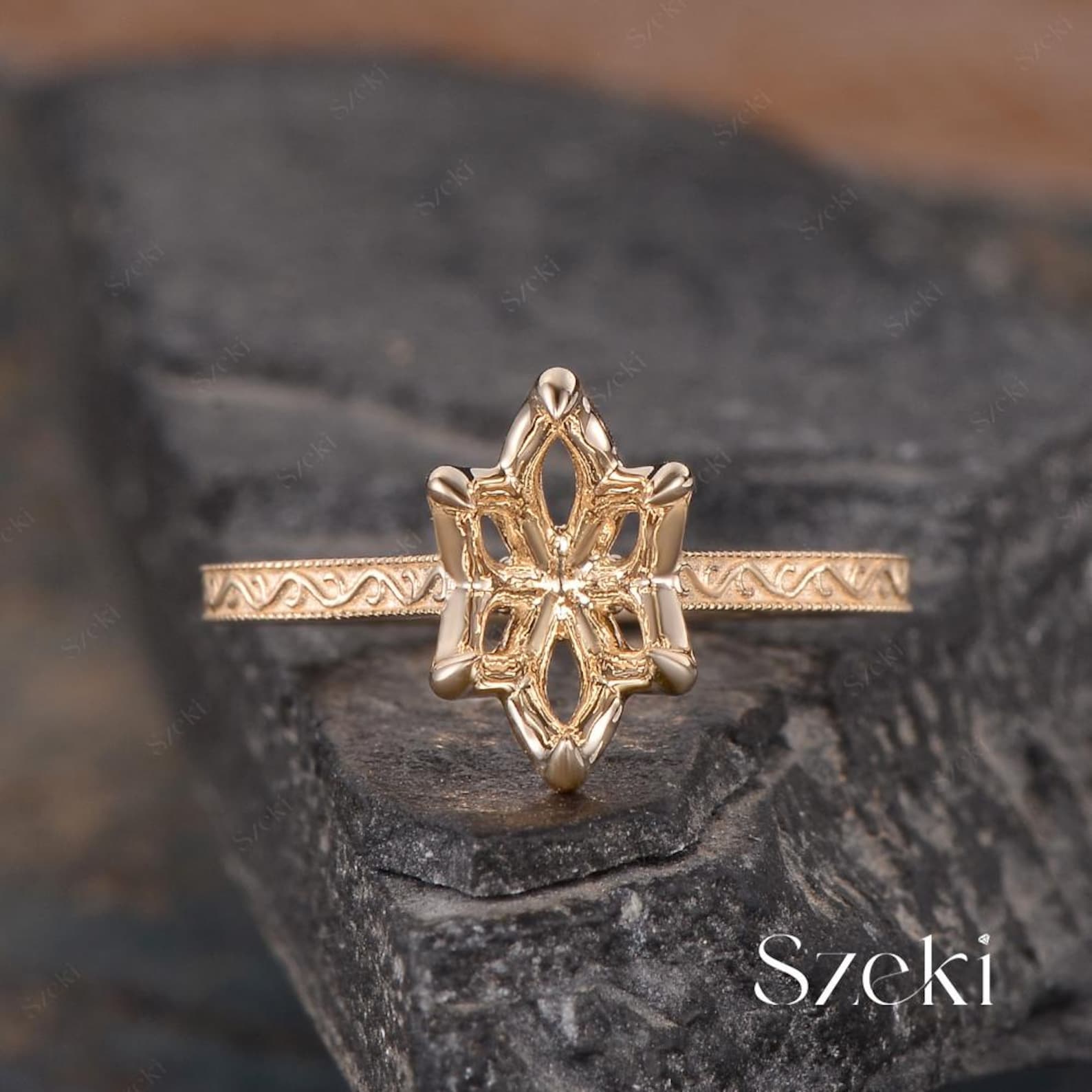 Vintage Marquise Cut Engagement Ring Setting Yellow Gold Tulip Floral ...