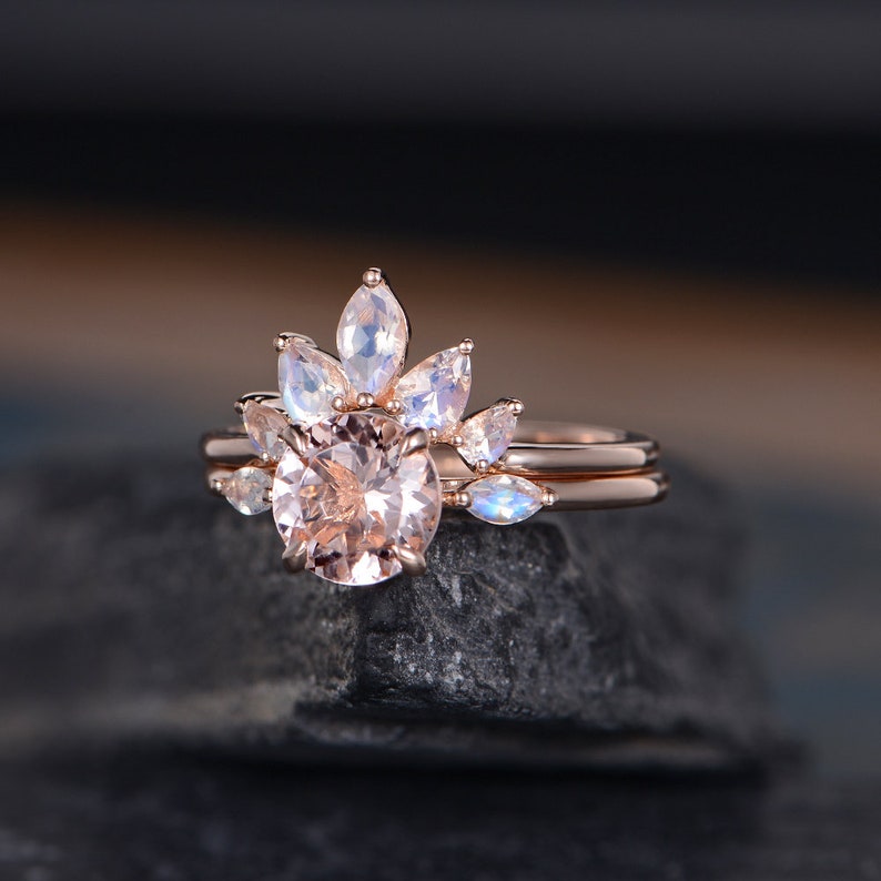 Round Cut Morganite Engagement Ring Bridal Set Rose Gold Pear Shaped ...
