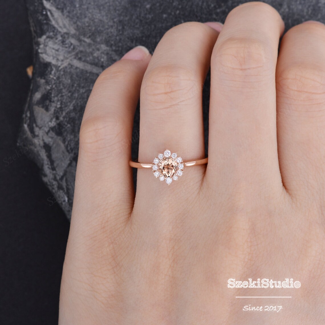 Halo Morganite Engagement Ring Rose Gold Morganite Wedding | Etsy