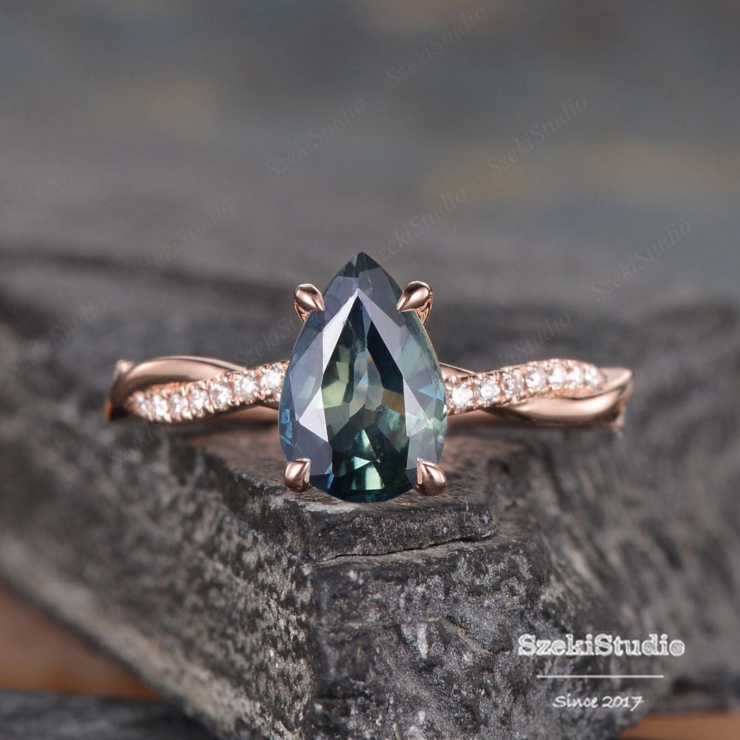 Pear Teal Sapphire Engagement Ring Natural Montana Sapphire Wedding Ring 6X9MM Green Sapphire Bridal Ring Twist Diamond Gold Ring Infinity Etsy