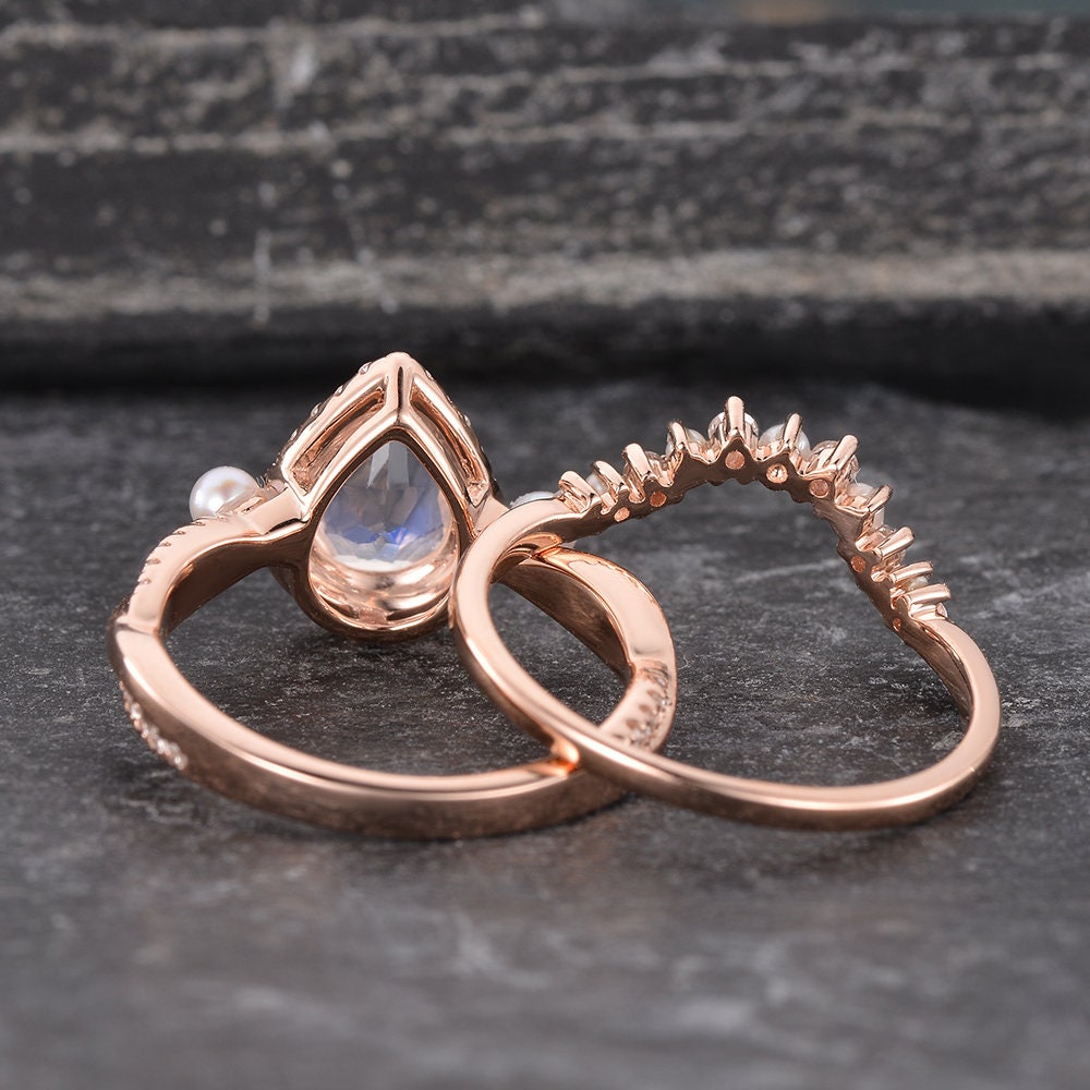 Pear Shaped Moonstone Engagement Ring Set Infinity Pearl Moonstone ...