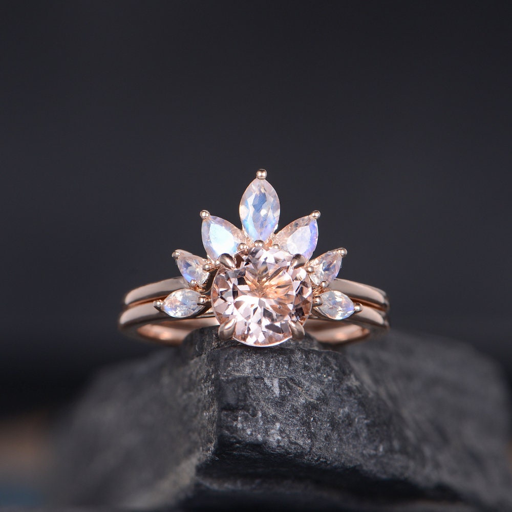 Round Cut Morganite Engagement Ring Bridal Set Rose Gold Pear | Etsy