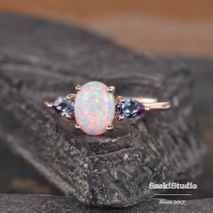 Opal and Alexandrite Ring Oval Cut Cabochon Natural Opal Engagement ...