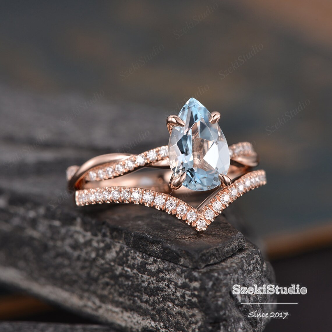 1.5CT Infinity Aquamarine Engagement Ring Set Rose Gold Bridal - Etsy
