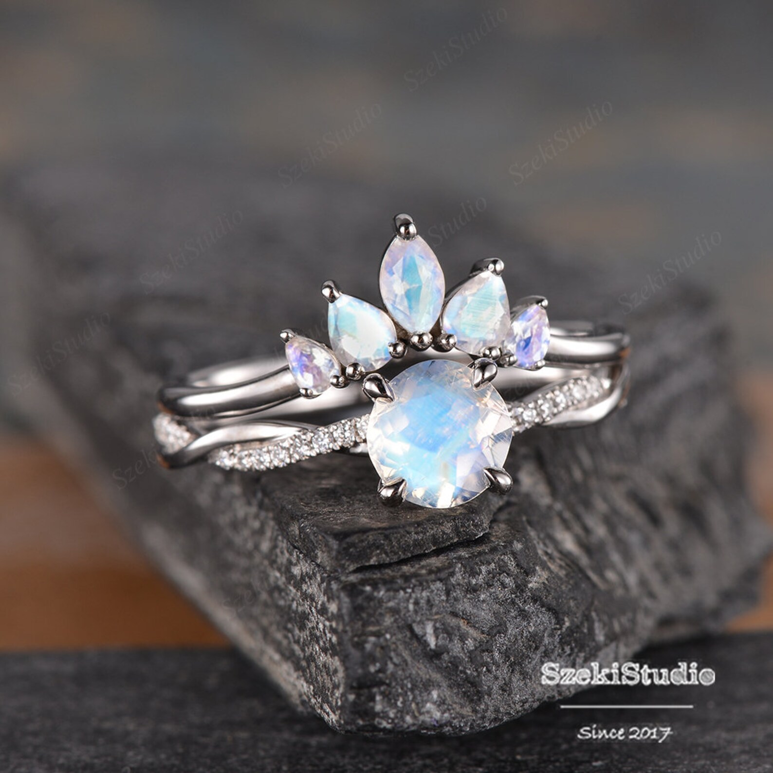 Infinity Moonstone Engagement Ring Set Bridal Set Rose Gold - Etsy