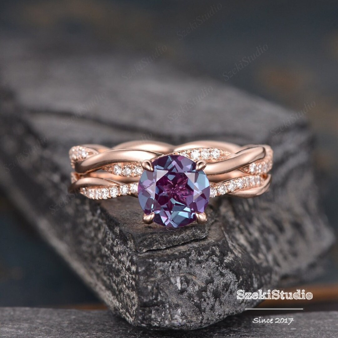 Infinity Alexandrite Engagement Ring Set Rose Gold Bridal Set Twist ...